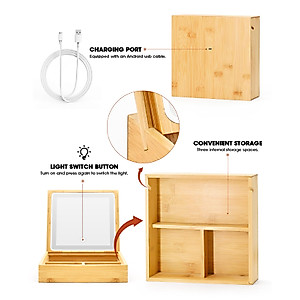 Onism Bamboo Makeup Organizer with LED Light Mirror, Cosmetic Organizer Storage for Store Cosmetics, Makeup Brushes, Jewelry, Hair Accessories, Perfect for Bathroom, Bedroom, Vanity