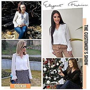 Diukia Women's Fashion Cute Swiss Dot Pom Pom Puff Long Sleeve Pullover Blouses Summer Sexy Lace Trim V Neck Blouse Tops Ladies Casual Loose Solid Chiffon Shirts Blouses for Autumn Spring Yellow XL