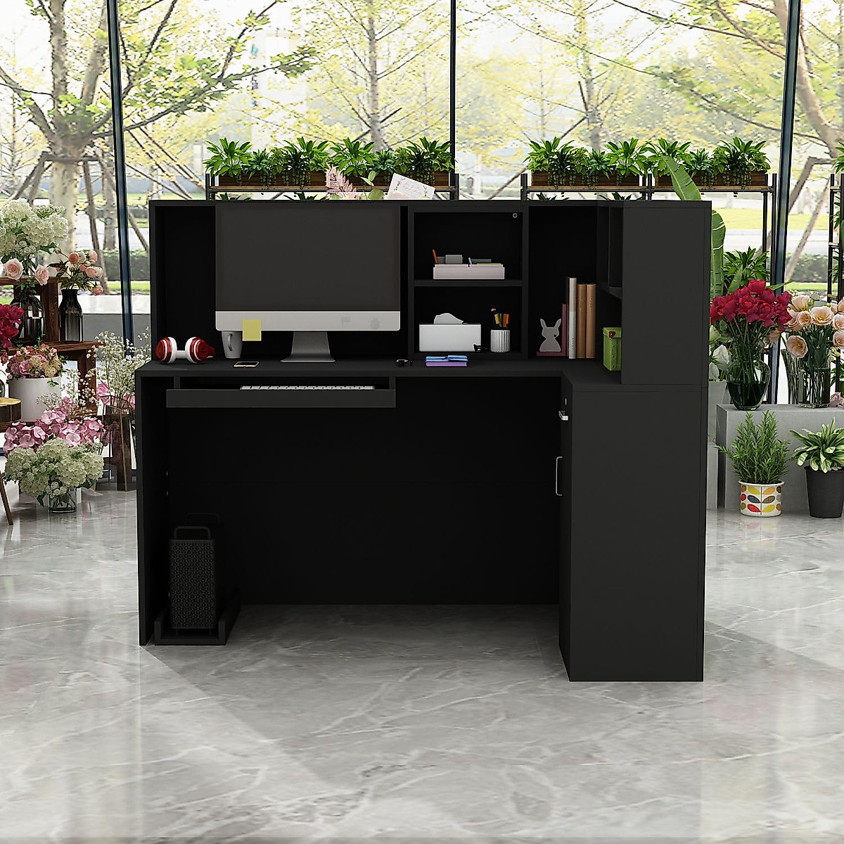 DiDuGo Reception Desk Front Desk Reception Counter, L Shaped Reception Room Table with Storage, Keyboard & Shelves and Drawer, for Salon Office Black (55.9”W x 32.3”D x 48.4”H)