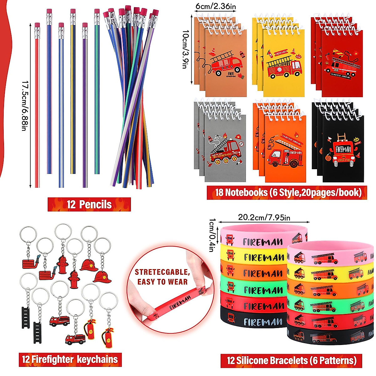 144 Pcs Firefighter Party Favors Fireman Themed Party Supplies Firemen Truck DIY Stickers Drawstring Bags Mini Notepads Silicone Wristbands Bracelets Keychain Button Pins Flexible Soft Pencil