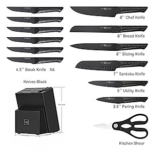 HUNTER.DUAL Knife Sets for Kitchen with Block, HUNTER.DUAL 15 Piece Knife Set with Built-in Sharpener, Dishwasher Safe, German Stainless Steel, Elegant Black