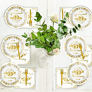 96 Pcs 50th Anniversary Tableware Set Wedding Party Supplies 50 years Anniversary Dinnerware Disposable Golden Plates Napkins Fork Fifty Anniversary Party Decorations Birthday Tableware for 24 Guests
