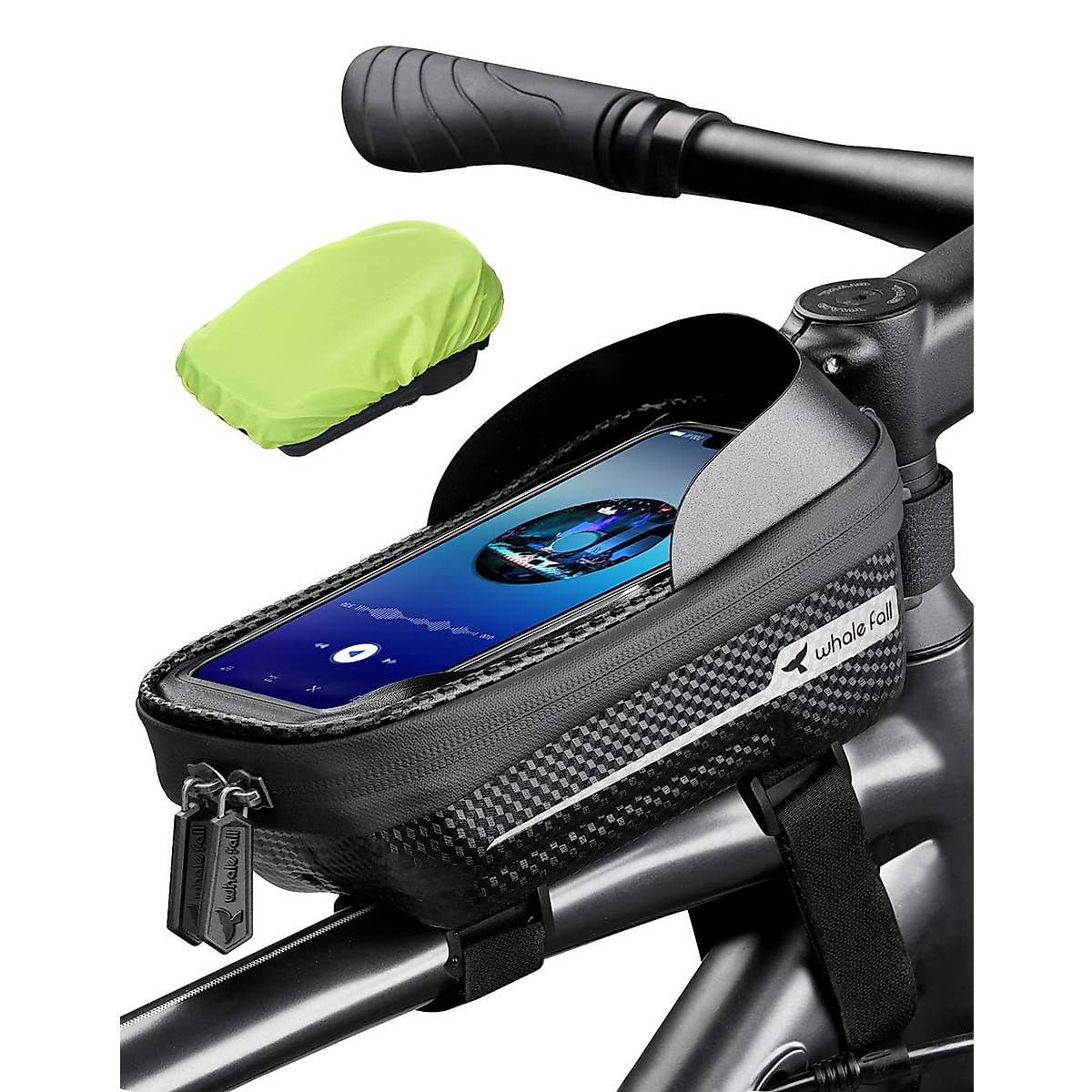 whale fall Newest Hard Casing Bike Bag, Bike Accessories, Never Deform/Waterproof, Bike Phone Holder Bike Phone Mount with 0.25mm Sensitive TPU Touch-Screen, with Rain Cover for Phones under 6.9''