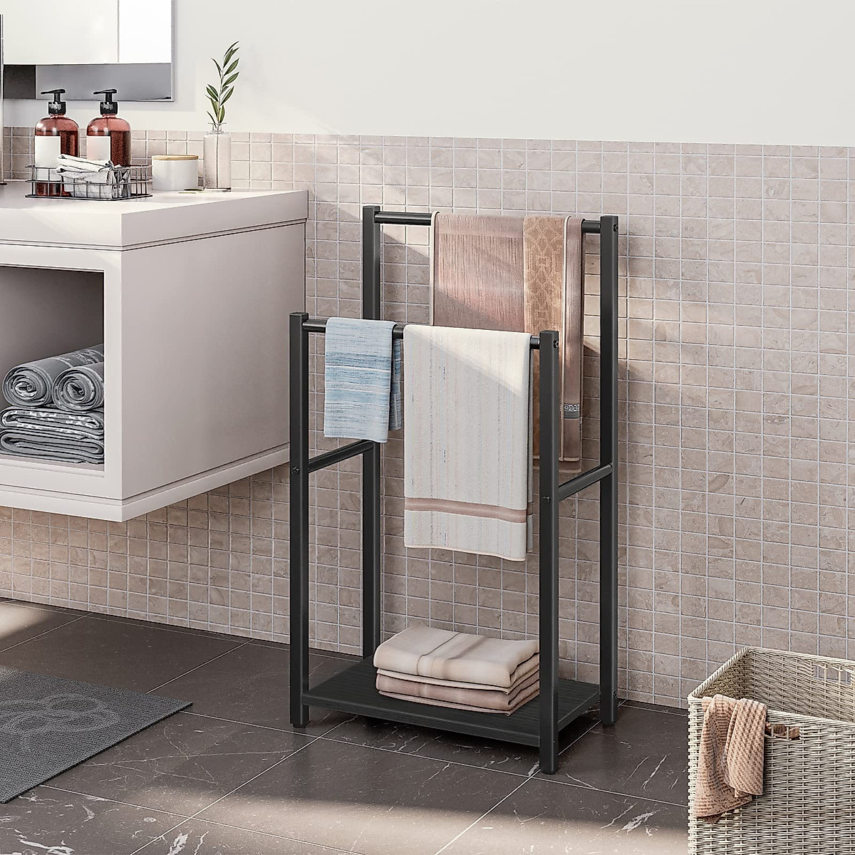 HOOBRO Free Standing Towel Rack for Bathroom, 16.5" L x 9.4" W x 31.5" H, 2 Tier Blanket Rack, Blanket Holder, Drying and Display Rack with Shelf, Black BB02LB01
