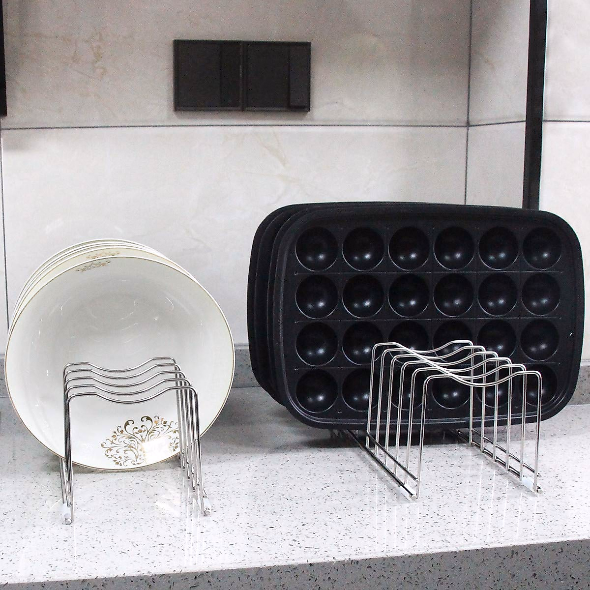 FLSEPAMB Pot Lid Organizer Pan Lid Organizer Kitchen Pot Lid Rack Suitable for Bakeware Dish Plate, Cutting Boards, Pots & Pans, Serving Trays, Reusable Holder (2 Pack)