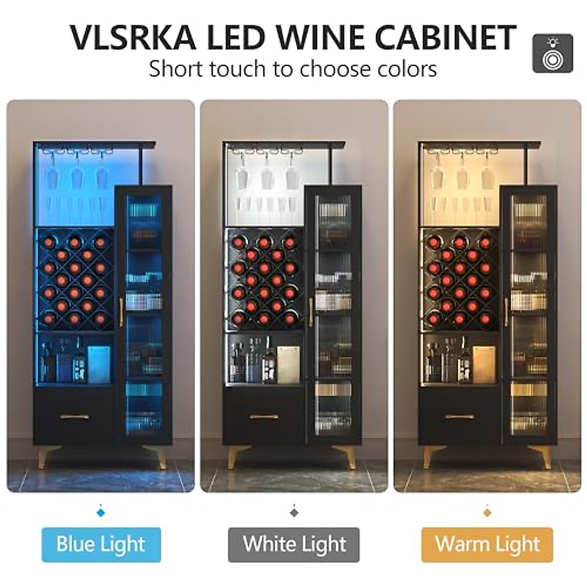 Vlsrka LED Liquor Wine Cabinet, Wine Bar Cabinet with USB Port, Bar Cabinets for 18 Bottle Wine Rack and 3 Glass Holder, Tall Sideboard Buffet Storage Cabinet for Living, Dining Room, Black