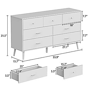 Homsee 7 Drawer Double Dresser with Solid Legs, Modern Wood Dresser Chest of Drawers with Large Storage Space for Bedroom, White (55.9”L x 15.7”W x 31.5”H)