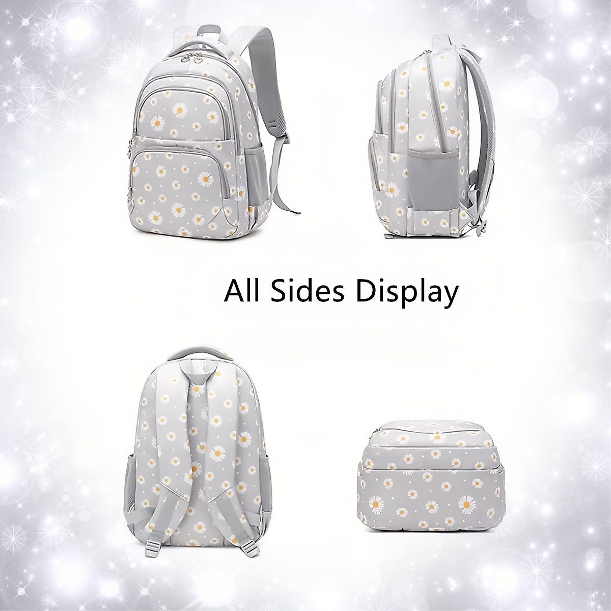 Daisy-Print 3Pcs School Bag Backpack Set for Teen Girls Elementary Middle Kids Waterproof Bookbag with Lunch Bag Pencil Case