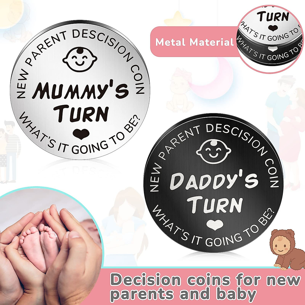 2 Pieces Fun New Parents Decision Coin Double-Sided Decision Making Coin New Baby Presents Pregnancy Presents for First Time Mom New Dad Presents for Christmas Thanksgiving Silver and Black