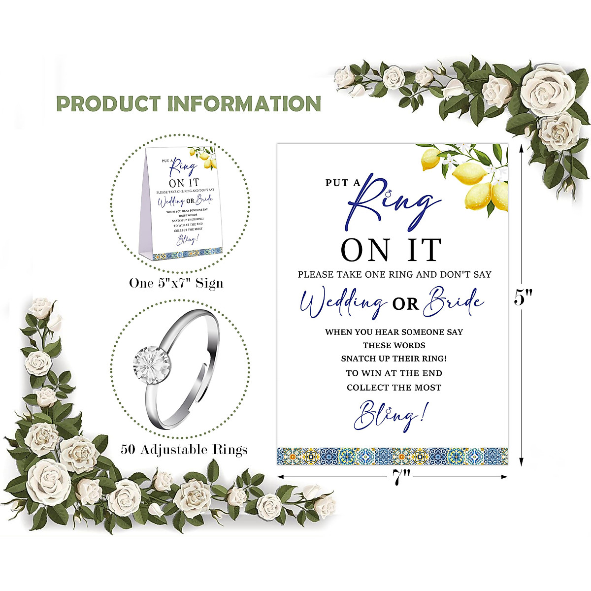 Blue Tiles and Lemons Don't say Bride or Wedding Game, Put a Ring on It Bridal Shower Game with 50 Fake Rings, Modern Bridal Shower Decorations, Wedding Shower or Bachelorette Party Supplies - 06