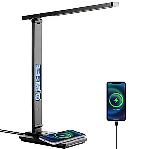 Dott Arts LED Desk Lamp with Wireless Charger, Touch Control Study Lamp with USB Charging Port, Table Lamp with Clock, Alarm, Date, Temperature, Office Lamp, Desk Lamps for Home Office,Black