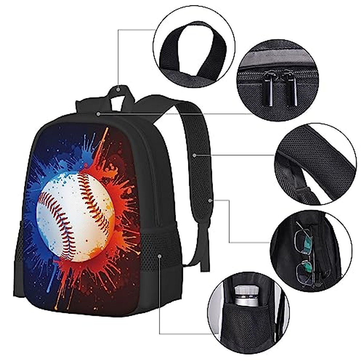 WZOMT Boys Baseball School Backpack Water Fire Baseball Blue Red Splash on Black Knapsack Fashion Laptop Bags Water Resistant Travel Hiking Daypack Bookbag for Kids Girls 17" Durable Rucksack