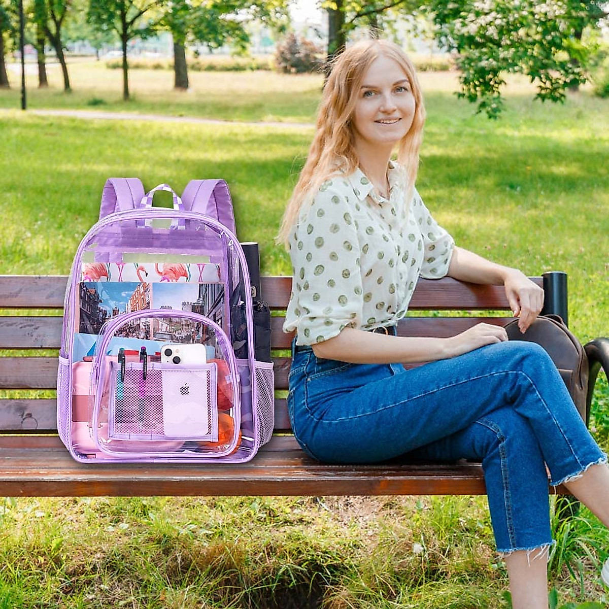 Clear Backpack for Women and Men, Heavy Duty PVC Backpacks, See Through Transparent Bookbag - Purple