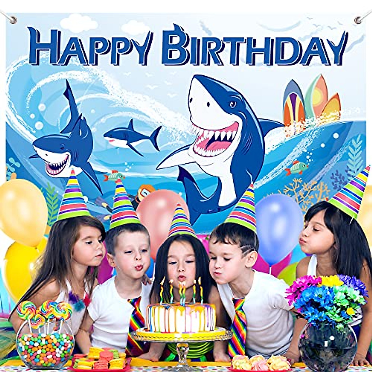 Shark Backdrop for Photo Booth, Shark Happy Birthday Banner, Shark Themed Under The Sea Background Birthday Sign Party Decorations Supplies for Boys Kids, 71 x 43 Inches