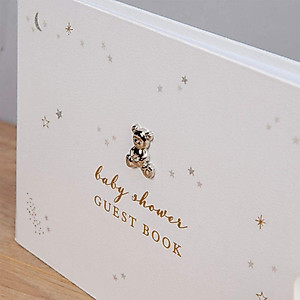 Happy Homewares White Baby Shower Guest Book with Cream Ribbon and Silver and Gold Stars