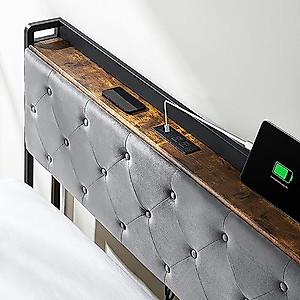 IDEALHOUSE Queen Size Bed Frame with 4 Storage Drawers and Charging Station, Grey Velvet Upholstered Platform Bed Frame with Storage Headboard and Wooden Slats Support, No Box Spring Needed