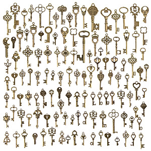 CHuangQi 125pcs/6oz Vintage Skeleton Keys Set, Steampunk Key Necklace, Antique Bronze Charms Pendants, DIY Handcrafts Jewelry Making, Wedding & Birthday Party Favors