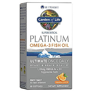 Garden of Life Minami Supercritical Platinum Omega 3 Fish Oil Supplement - Orange, Ultimate Once Daily for Heart & Brain Health, 1100Mg Omega-3S, 1,000 Iu Vitamin D3, 60 Softgels