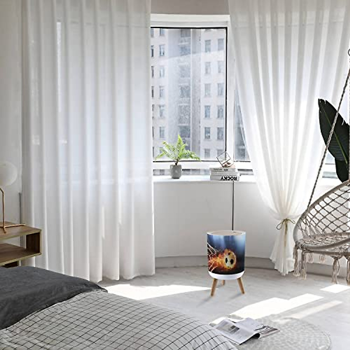 IBPNKFAZ89 Small Trash Can with Lid Fiery Soccer Ball in Goal with Net in Flames Garbage Bin Wood Waste Bin Press Cover Round Wastebasket for Bathroom Bedroom Office Kitchen