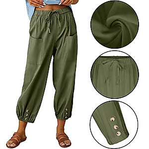 Women's High Waist Pants Drawstring Capri Pants with Pockets Wide Leg Cropped Pants for Women Green X-Large