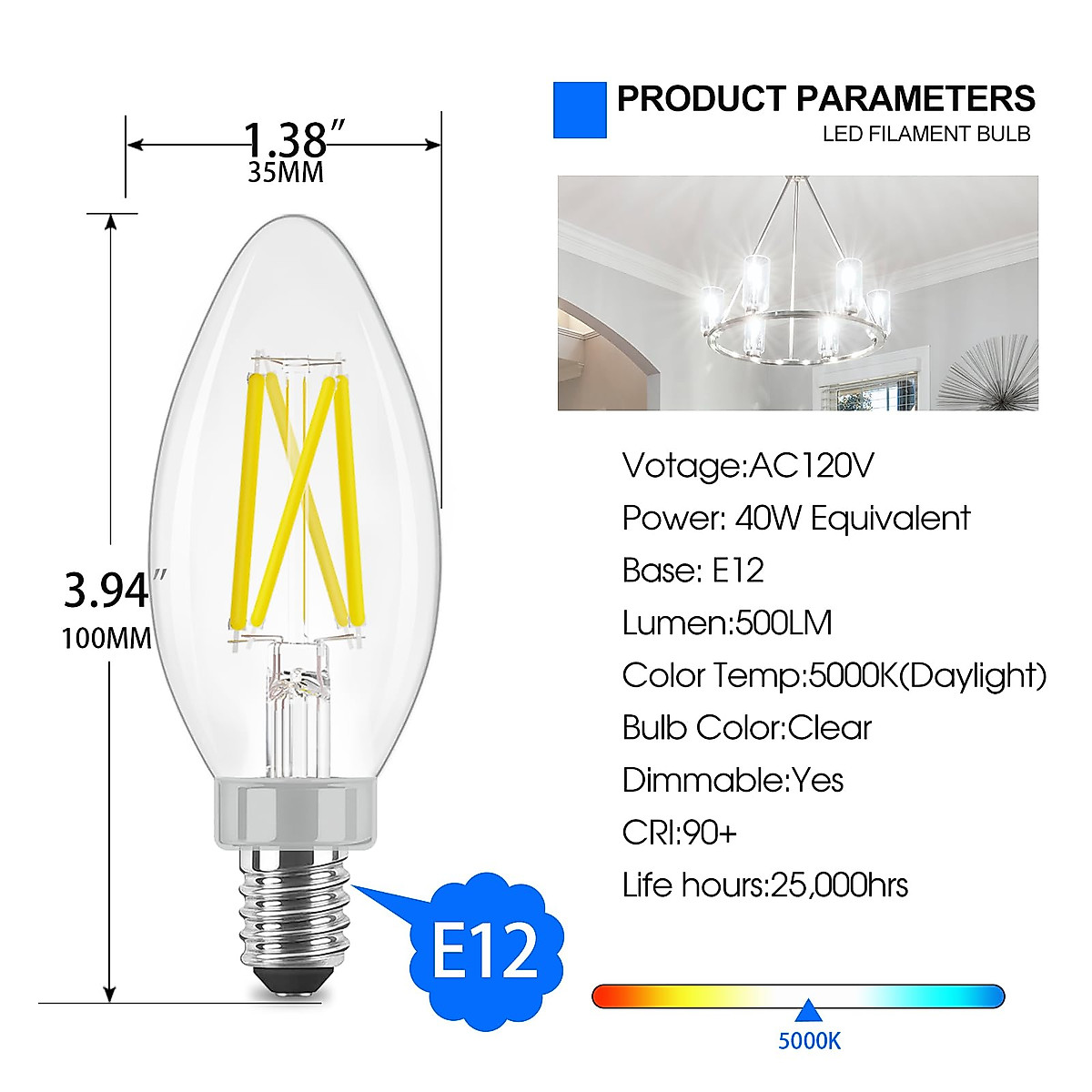 VATION LIGHTING 12 Pack 𝐂𝐚𝐧𝐝𝐞𝐥𝐚𝐛𝐫𝐚 𝐁𝟏𝟏 𝐂𝐚𝐧𝐝𝐥𝐞 𝐋𝐢𝐠𝐡𝐭 LED 5000K Daylight LED Bulbs 500 Lumens, 90+ High CRI, Filament E12 Candle, LED Chandelier Light Bulbs, UL Listed