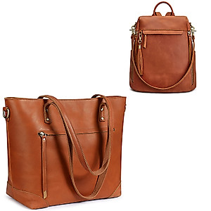 S-ZONE Vintage Genuine Leather Totes for Women Purse Handbag with Anti-thief Backpack Large