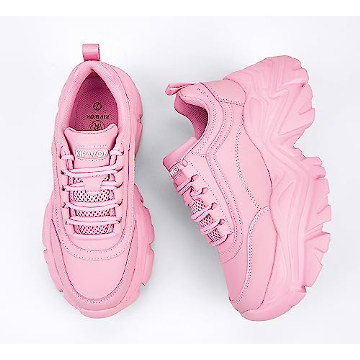 K KIP WOK Chunky Sneakers for Women Fashion Platform White Leather Casual Dad Shoes Comfortable Wedge Walking Sport Sneakers(Pink,7)