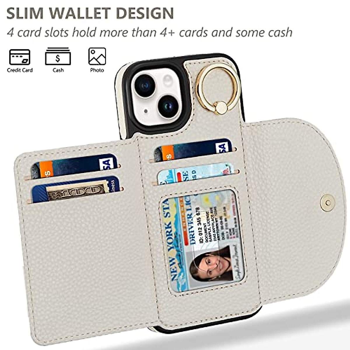 Keallce Case for iPhone 13 6.1'' Wallet Case 2021, Flip Leather Case with 4 Card Holder, [Stand Ring Holder Kickstand] Folio Protective Phone Cover for Ladies Women Compatible with iPhone 13 5G, Beige