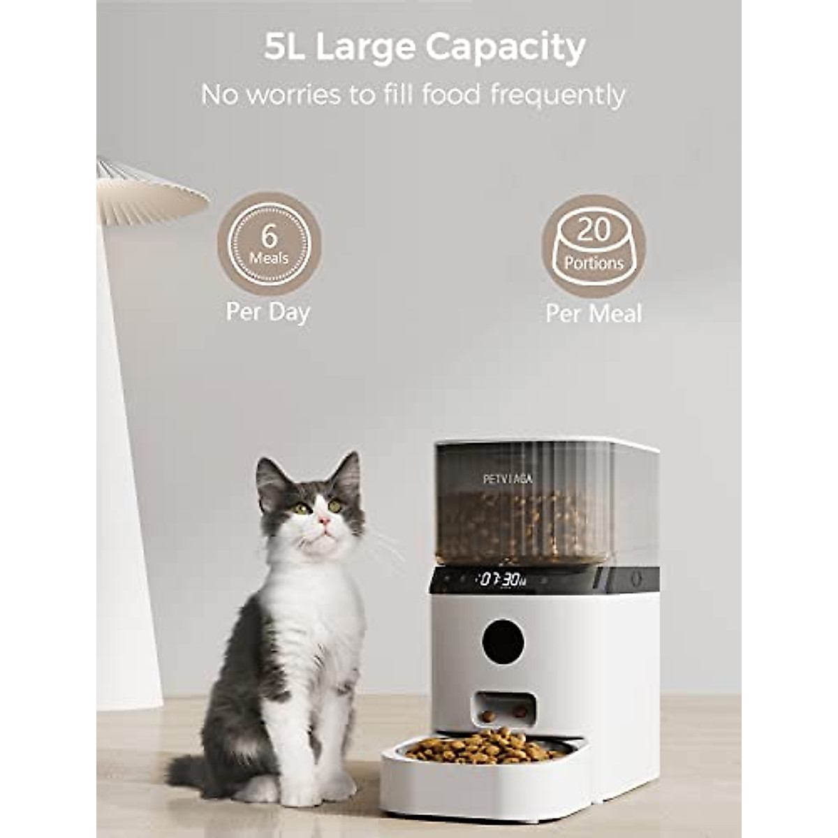 PETVIAGA Automatic Cat Feeder with APP Control, Wifi Smart Pet Feeder with Lock Lid, Clog-free Motor & Stainless Steel Bowl, 5L Cat Food Dispenser for Dry Food with 6 Daily Meals & 20 Portions Control