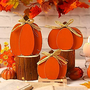 Tradder 3 Pcs Thanksgiving Pumpkin Decor Fall Table Wooden Sign Autumn Pumpkin Decoration Rustic Tiered Tray Decorations Pumpkin Block Table Centerpieces for Harvest Home (Orange)