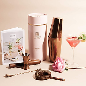 Twice Element Mixology Bartender Kit - Copper Gift Set with Boston Shaker, Storage Pouch, Recipe Book and All Essential Accessories | Elegant Gift Box (Pink)