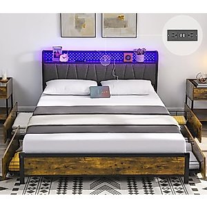 Alohappy Queen Bed Frame with Drawers and RGB Led Lights, Storage Headboard with Charging Station, Metal Platform Bed Frame with Strong Steel Slats Support Easy Assembly No Squeak