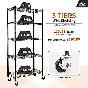 EFINE 5-Shelf Shelving Units and Storage on 3'' Wheels with Shelf Liners Set of 5, NSF Certified, Adjustable Heavy Duty Carbon Steel Wire Shelving Unit (30W x 14D x 63.7H) Pole Diameter 1 Inch