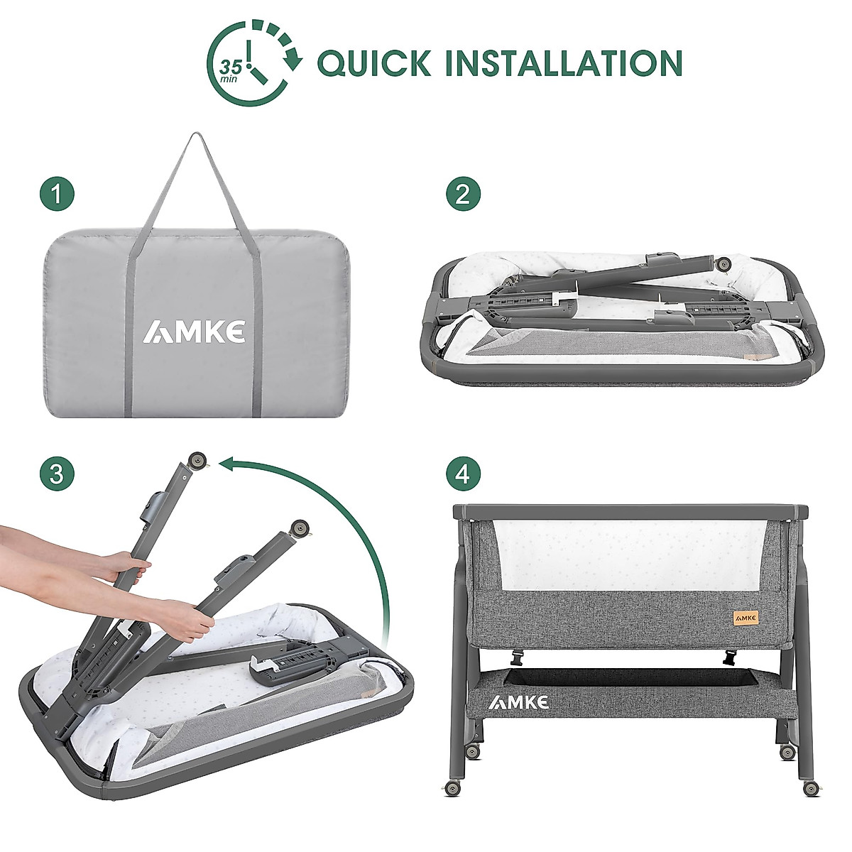 AMKE Baby Bassinets,Bedside Sleeper for Baby,35s Quick Assemble Baby Crib with Storage Basket,Portable Bassinets for Safe Co-Sleeping, Adjustable Baby Bed for Infant Newborn