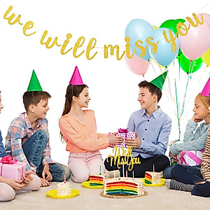 We Will Miss You Banner Gold Glitter Retirement Sign Farewell Banner with Cake Topper for Retirement Graduation Going Away Farewell Office Work Party Decorations