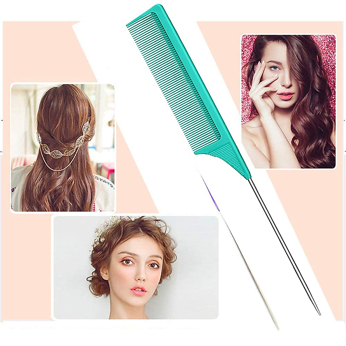 Generic 3 Pack - Rat Tail Comb,Steel Pin Carbon Fiber Heat Resistant Parting Combs with Stainless Steel Pintail (Turquoise)