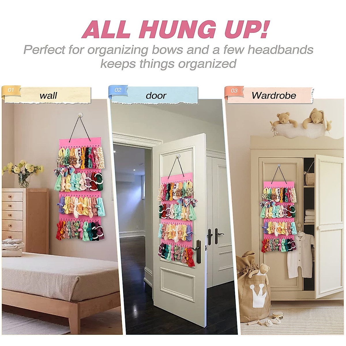 AGX Bravo Hanging Headbands Holder with 60 Hooks, Newborn Hair Bows Storage Organizer for Baby Girls Hair Accessories Storage Display for Hairband Hair Bow Elastics (Pink)