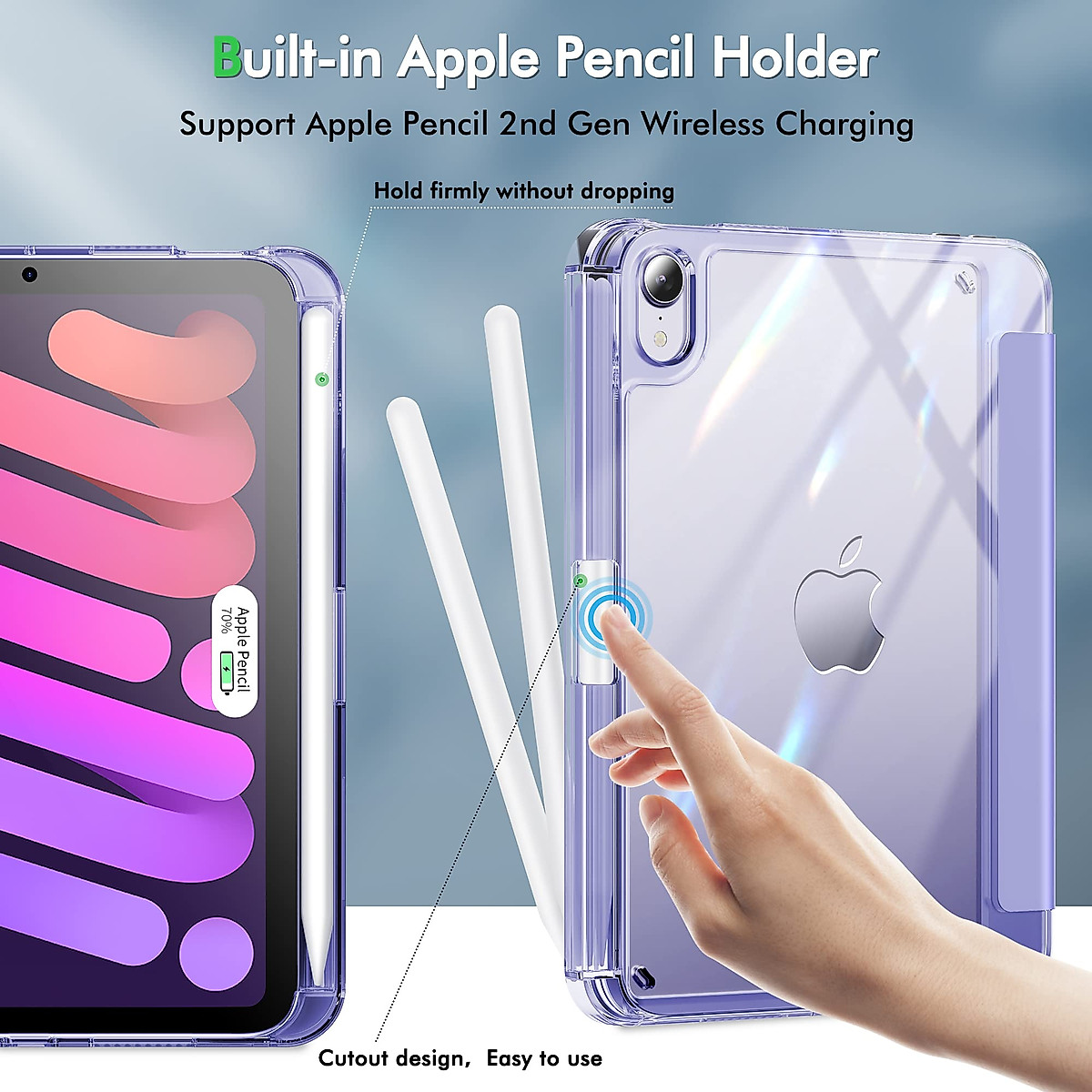 INFILAND for iPad Mini 7 case, iPad Mini 7th (A17 Pro) /6th Generation Case 8.3 inch 2024/2021, Clear Back & PU Leather Protective Cover with Pencil Holder Support Wireless Charging, Purple