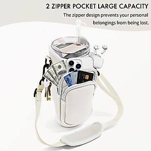 JEBEALUO Water Bottle Carrier Bag with Phone Pocket for Stanley Cup 40/30 oz, Water Bottle Holder with Adjustable Strap& Straw Cover, Stanley Cup Accessories (White)