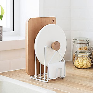 Cutting Board Rack, HLLBRC Chopping Board Organizer Stand Holder Rack, Dishes Plates Pot Pan Lids Rack Organizer for Kitchen Cabinet Countertop (white)