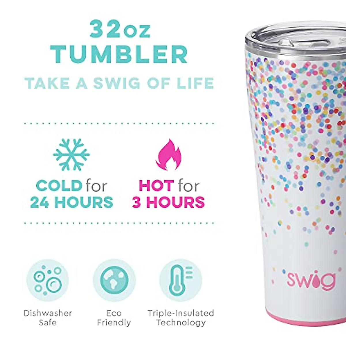 Swig Life XL 32oz Tumbler, Insulated Coffee Tumbler with Lid, Cup Holder Friendly, Dishwasher Safe, Stainless Steel, Extra Large Travel Mugs Insulated for Hot and Cold Drinks (Confetti)