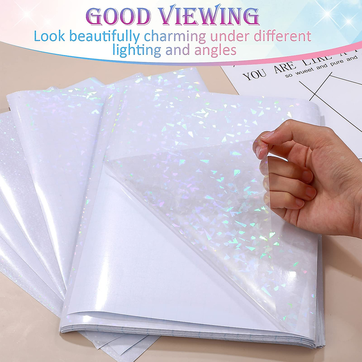 108 Sheets Holographic Sticker Paper Clear A4 Vinyl Sticker Paper Holographic Laminate Sheets Adhesive Holographic Overlay Waterproof Transparent Film with Gem, Colorful, Dot, Star, 11.7 x 8.3 Inch