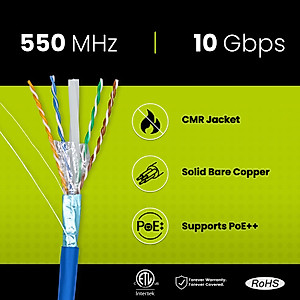 trueCABLE Cat6 Shielded Riser (CMR), 1000ft, Blue, 23AWG Solid Bare Copper, 550MHz, PoE++ (4PPoE), ETL Listed, Overall Aluminum Foil Shield (F/UTP), Bulk Ethernet Cable