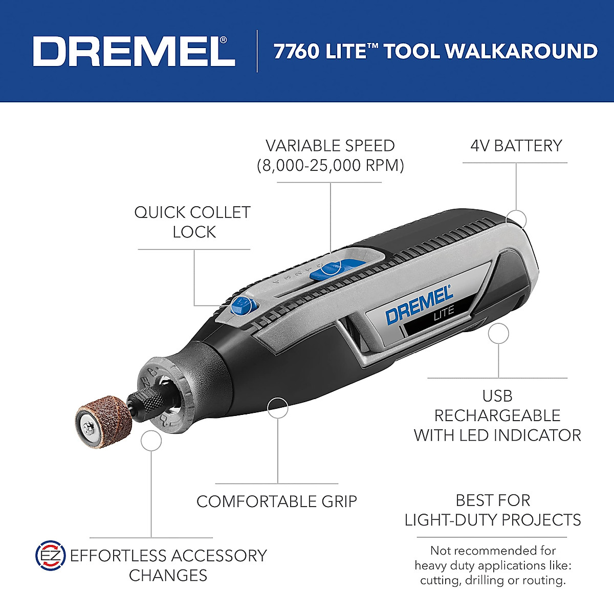Dremel Lite 7760 N/10 4V Li-Ion Cordless Rotary Tool Variable Speed Multi-Purpose Rotary Tool Kit, USB Charging, Easy Accessory Changes - Perfect For Light-Duty DIY & Crafting