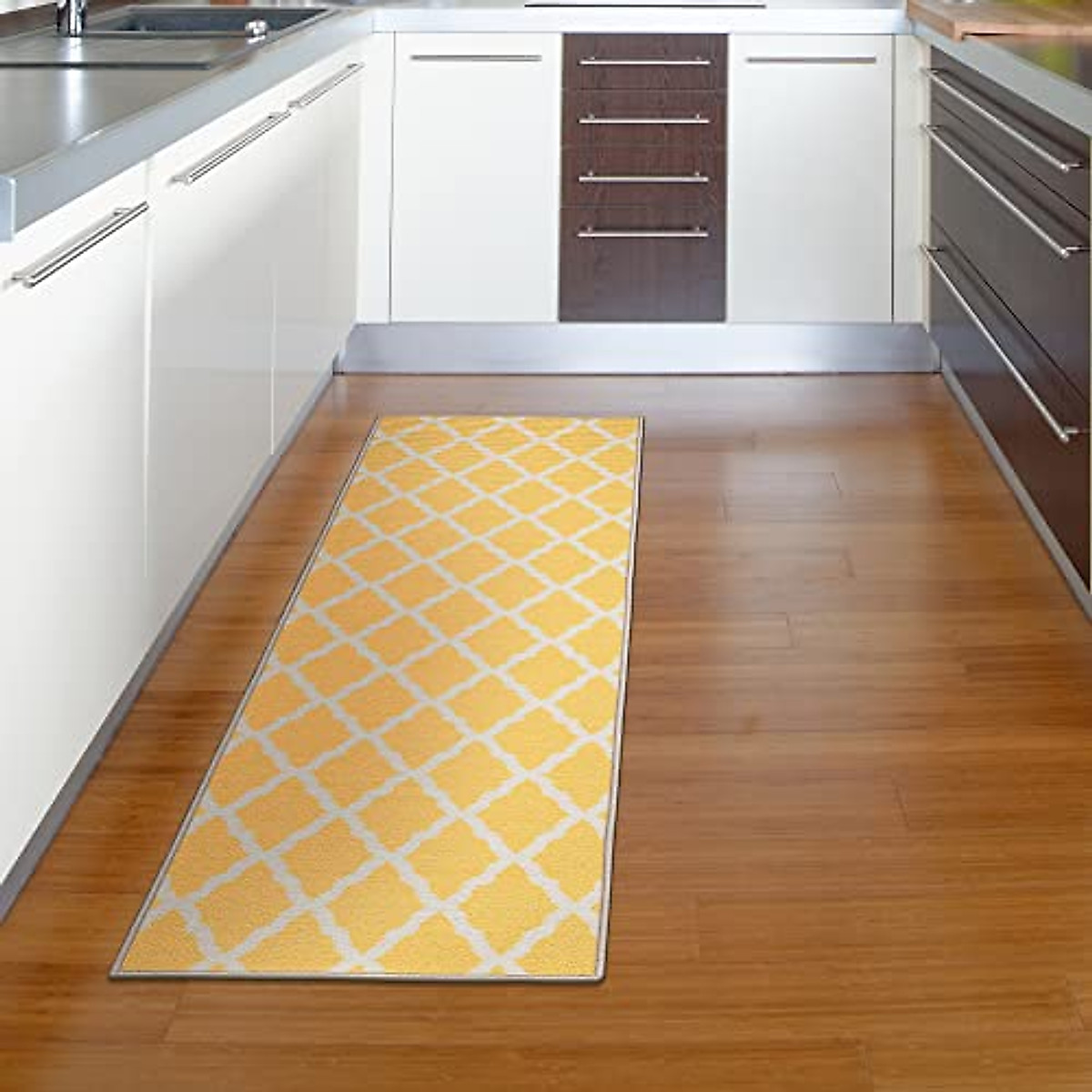 Machine Washable Moroccan Trellis Design Non-Slip Rubberback 2x5 Traditional Indoor Runner Rug for Hallway, Kitchen, Bedroom, Entryway, 20" x 59", Yellow