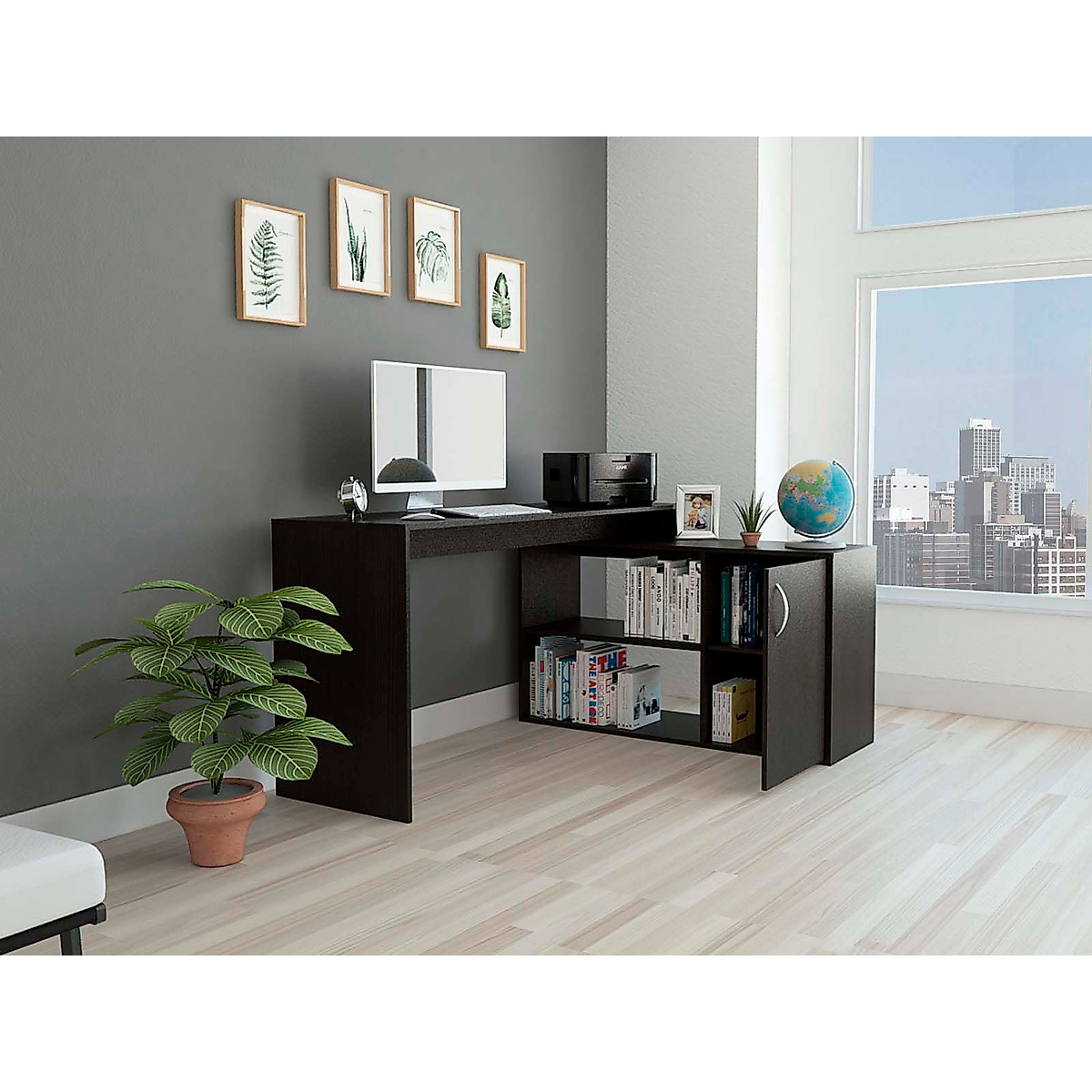DUNTRKDU L Shaped Desk, 60 Inch Gaming Desk with Storage Shelves, Modern Computer Desk, Black, 45.9*59.6*30.1 Inches