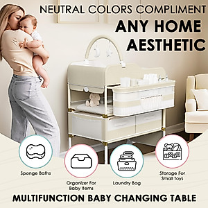 Portable Baby Changing Table with Wheels - Modern Dresser Changing Tables w/Hanging Toys, Laundry Bag, Changing Table Organizer Boxes - Folding Waterproof Baby Diaper Changing Station for Nursery