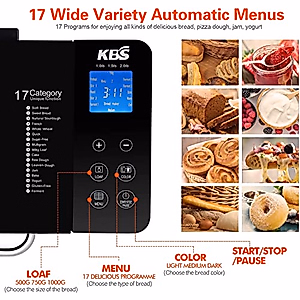 KBS Bread Maker-710W Dual Heaters, 17-in-1 Bread Machine Stainless Steel with Auto Nut Dispenser&Ceramic Pan, Gluten-Free, Dough Maker,Jam,Yogurt PROG, Touch Panel, 3 Loaf Sizes 3 Crust Colors,Recipes