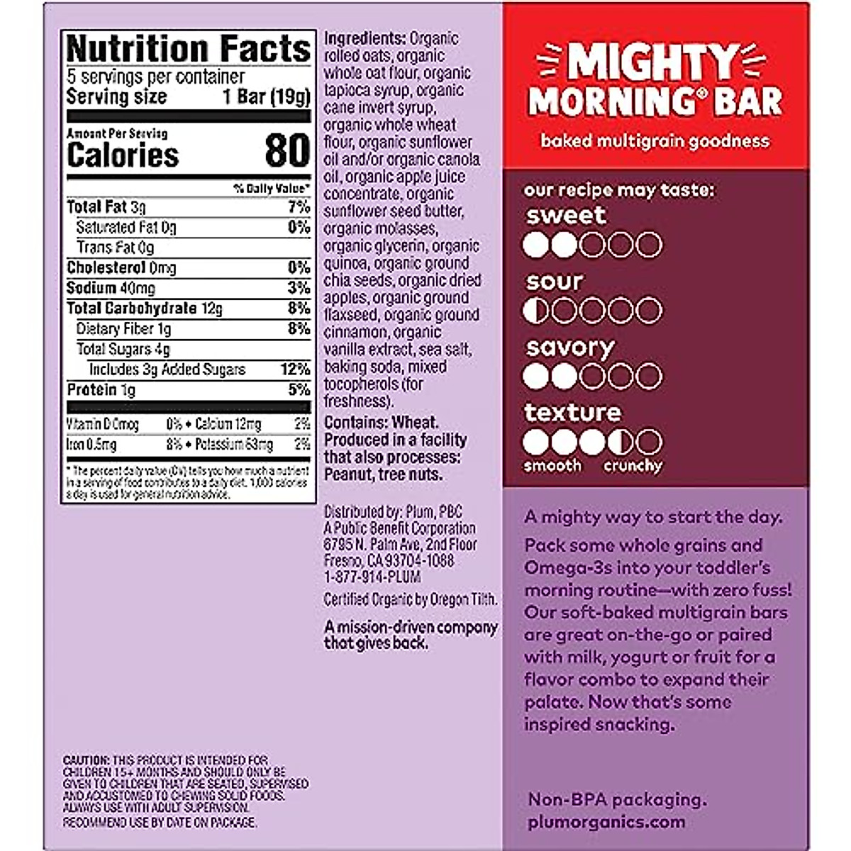 Plum Organics Snack Bars Mighty Morning Apple Cinnamon 5 Count 8 Pack Organic Snack for Kids, Toddlers, New Look, Packaging May Vary