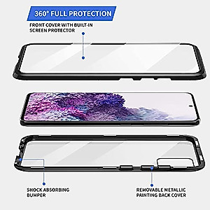 QUIETIP Compatible Samsung Galaxy S20+ Plus Case,Magnetic Metal Clear Glass Case,Thin Body Metal Frame Double-Sided Tempered Glass with Built-in Screen Lens Protect,Black